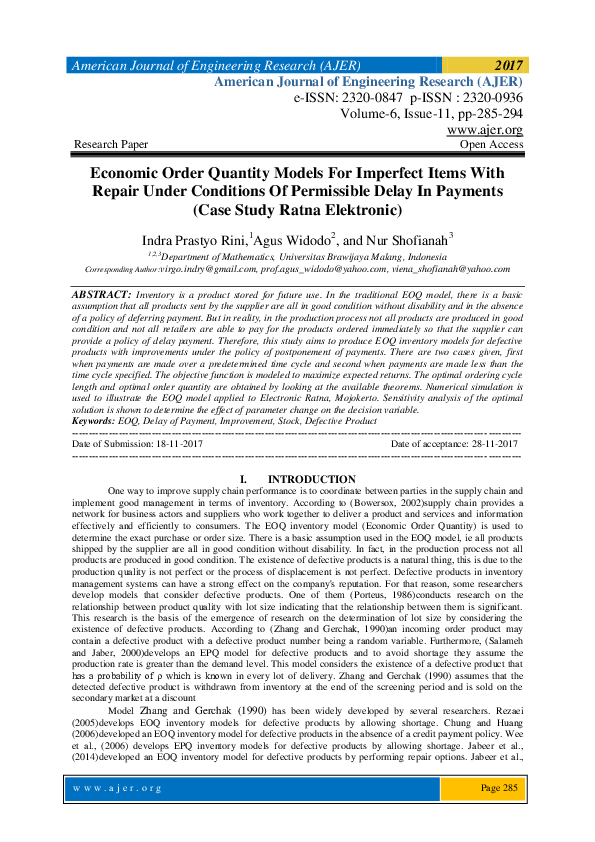 (PDF) Economic Order Quantity Models For Imperfect Items With Repair ...