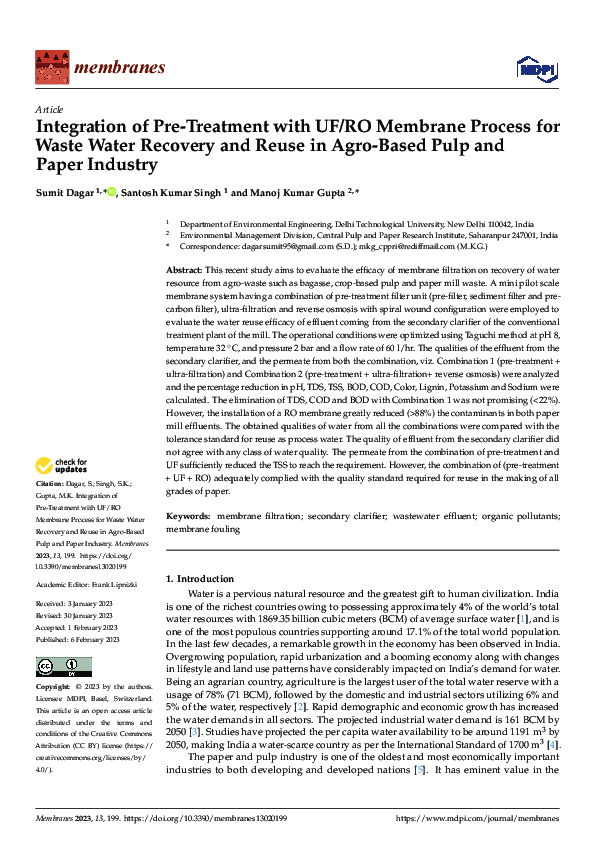 (PDF) Integration of Pre-Treatment with UF/RO Membrane Process for ...