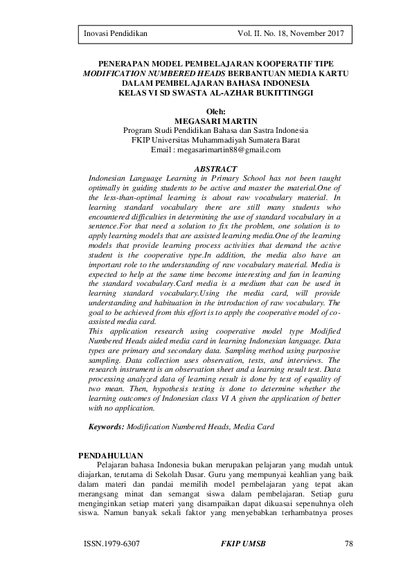 (PDF) Penerapan Model Pembelajaran Kooperatif Tipe Modification Numbered Heads Berbantuan Media ...