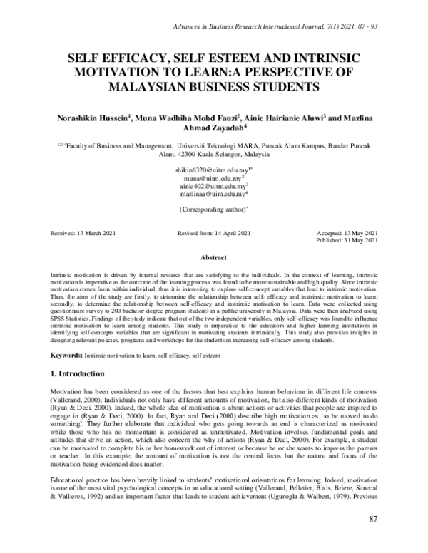 (PDF) Self efficacy, self esteem and intrinsic motivation to learn: a perspective of Malaysian ...