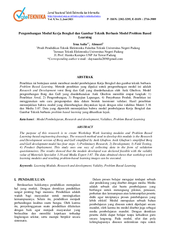 (PDF) Pengembangan Modul Kerja Bengkel dan Gambar Teknik Berbasis Model Problem Based Learning