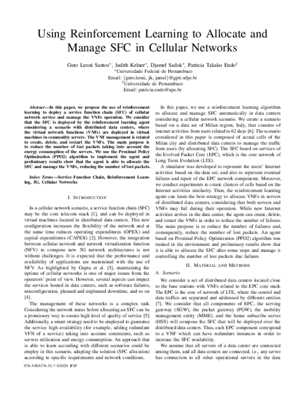 Pdf Using Reinforcement Learning To Allocate And Manage Sfc In Cellular Networks