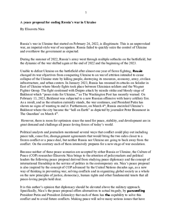 (DOC) A peace proposal for ending Russia's war in Ukraine