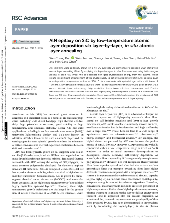Pdf Aln Epitaxy On Sic By Low Temperature Atomic Layer Deposition Via Layer By Layer In Situ