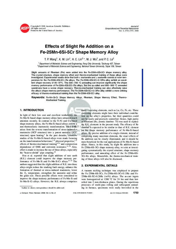 (PDF) Effects of Slight Re Addition on a Fe-25Mn-6Si-5Cr Shape Memory Alloy