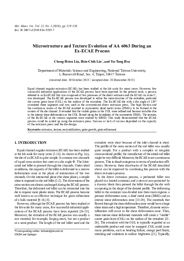Pdf Microstructure And Texture Evolution Of Aa 6063 During An Ex Ecae Process