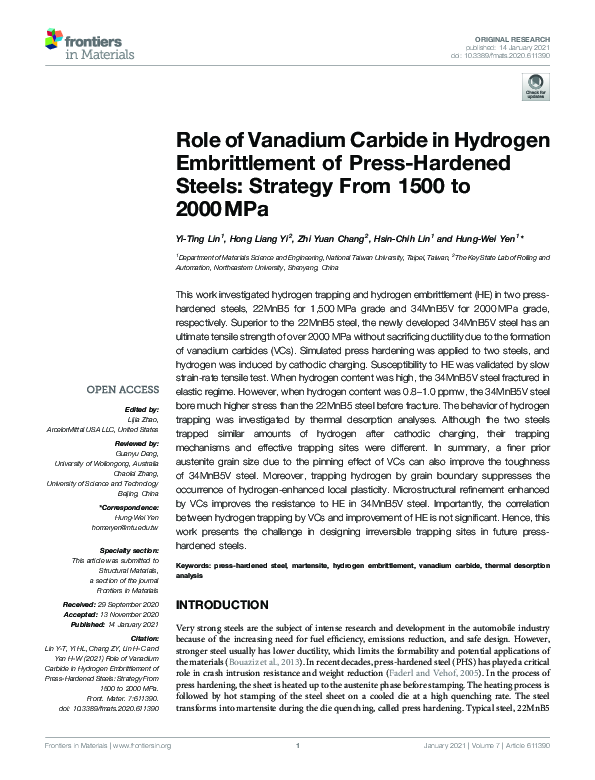 Role of Vanadium Carbide in Hydrogen Embrittlement of Press-Hardened ...
