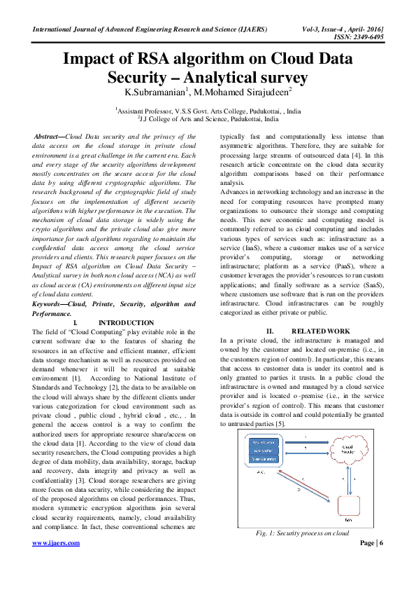Pdf Impact Of Rsa Algorithm On Cloud Data Security Analytical Survey Mohamed Sirajudeen