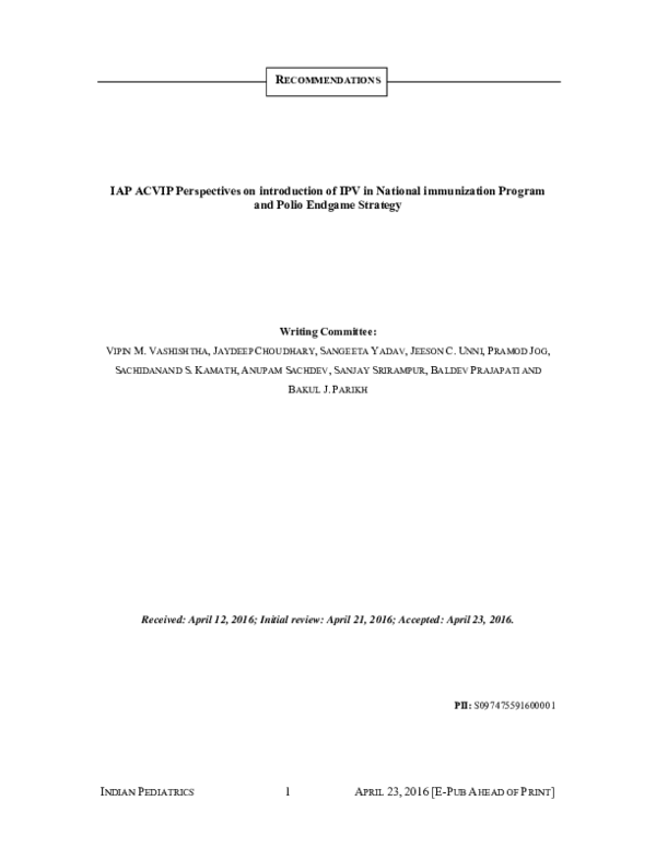 (PDF) IAP ACVIP Perspectives on introduction of IPV in National ...