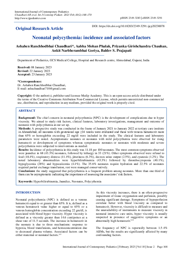 (PDF) Neonatal polycythemia: incidence and associated factors
