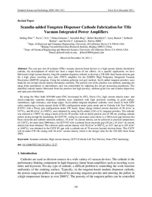 (PDF) Scandia-added Tungsten Dispenser Cathode Fabrication for THz ...