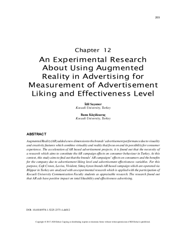 (PDF) An Experimental Research About Using Augmented Reality in Advertising for Measurement of ...
