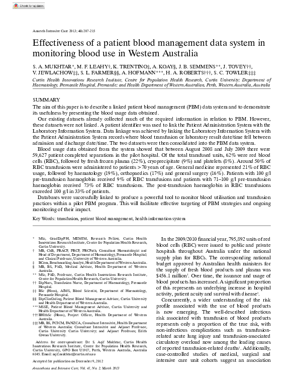 (PDF) Effectiveness of a Patient Blood Management Data System in ...