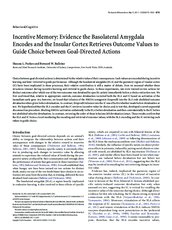 (PDF) Incentive Memory: Evidence the Basolateral Amygdala Encodes and the Insular Cortex ...