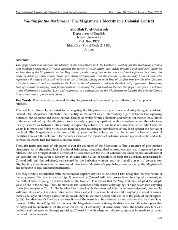 (PDF) Waiting for the Barbarians: The Magistrate's Identity in a Colonial Context