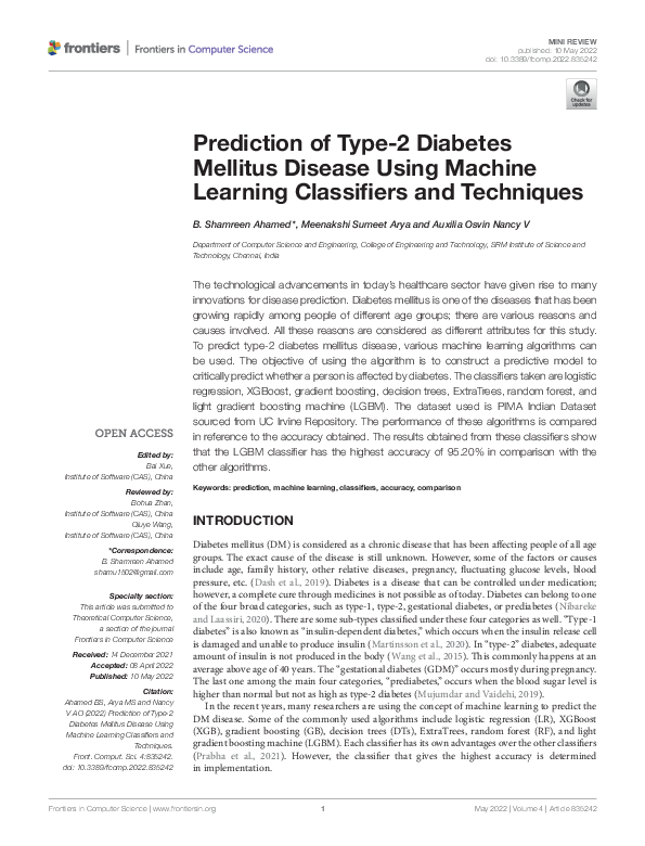 (PDF) Prediction of Type-2 Diabetes Mellitus Disease Using Machine ...