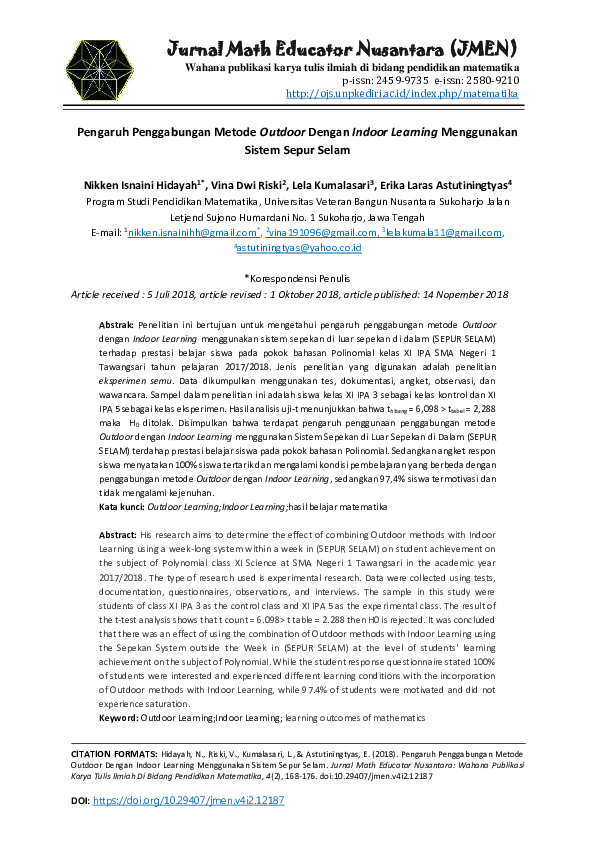 (PDF) Pengaruh Penggabungan Metode Outdoor Dengan Indoor Learning Menggunakan Sistem Sepur Selam