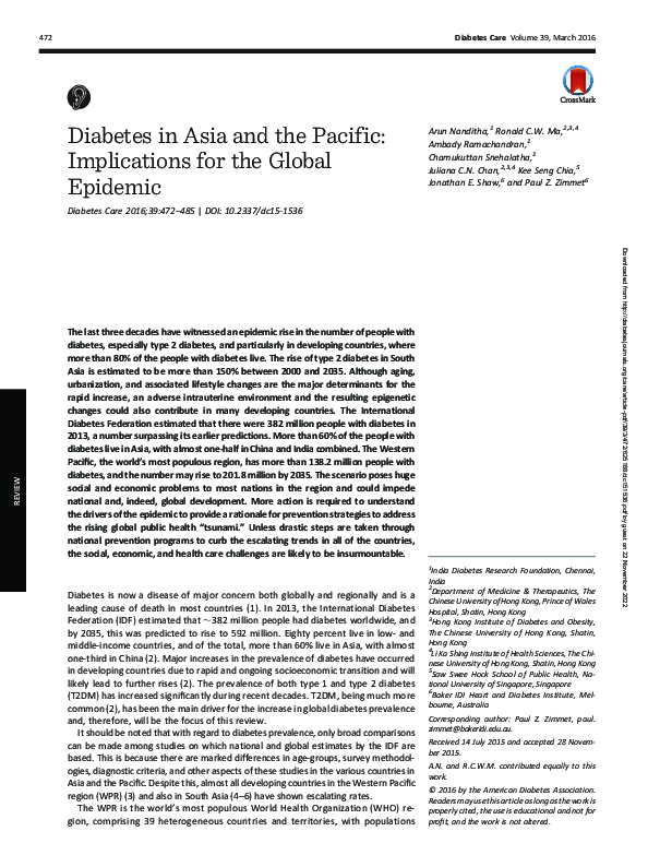 (PDF) Diabetes in Asia and the Pacific: Implications for the Global ...