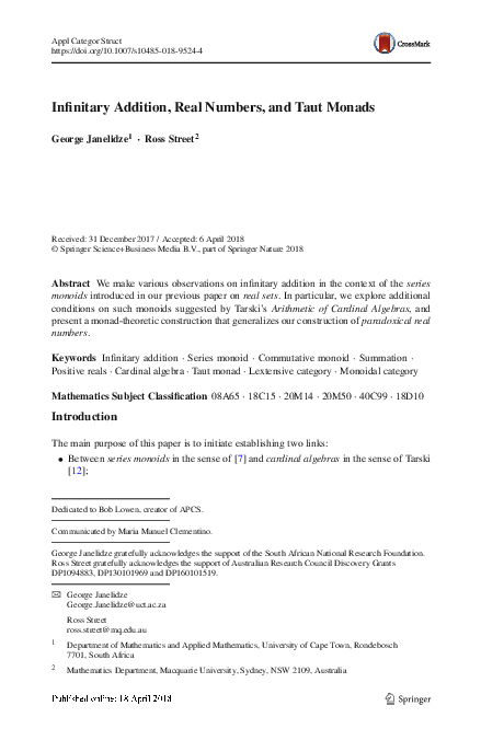 (PDF) Infinitary Addition, Real Numbers, and Taut Monads