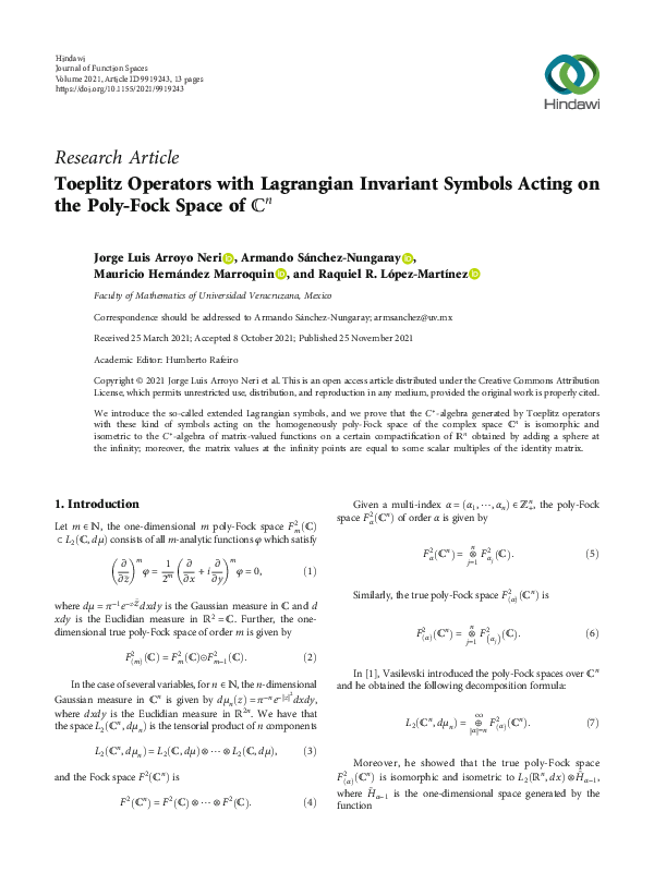 (PDF) Toeplitz Operators with Lagrangian Invariant Symbols Acting on the Poly-Fock Space of ℂ n ...