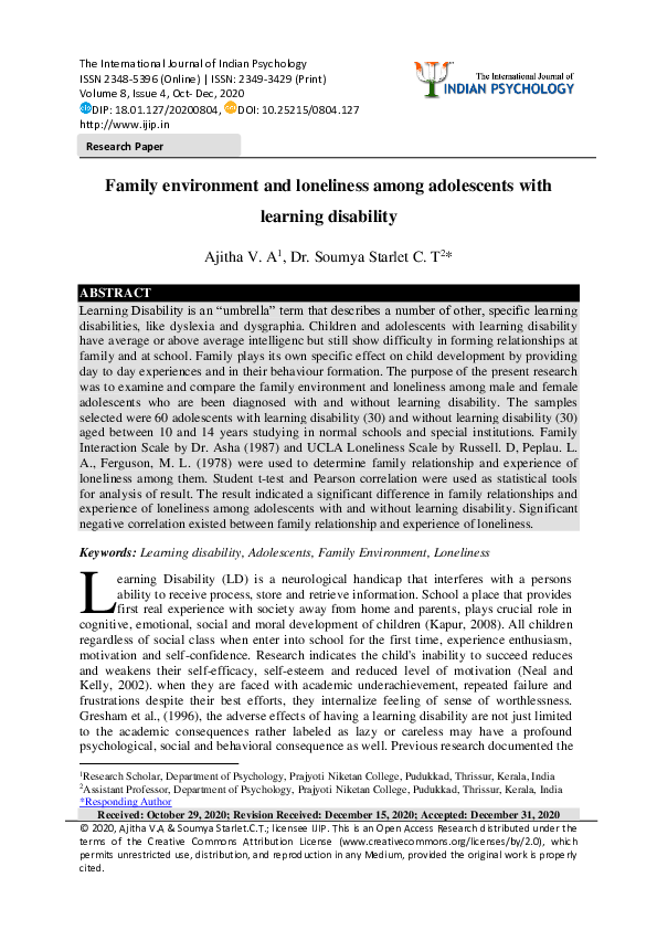 (PDF) FAMILY ENVIRONMENT AND LONELINESS IJIP 2020
