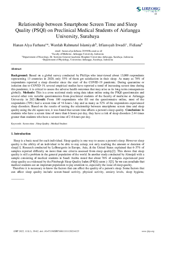 (PDF) Relationship between Smartphone Screen Time and Sleep Quality (PSQI) on Preclinical ...
