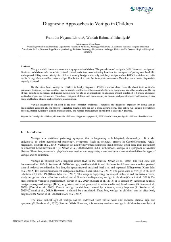 (PDF) Diagnostic Approaches to Vertigo in Children