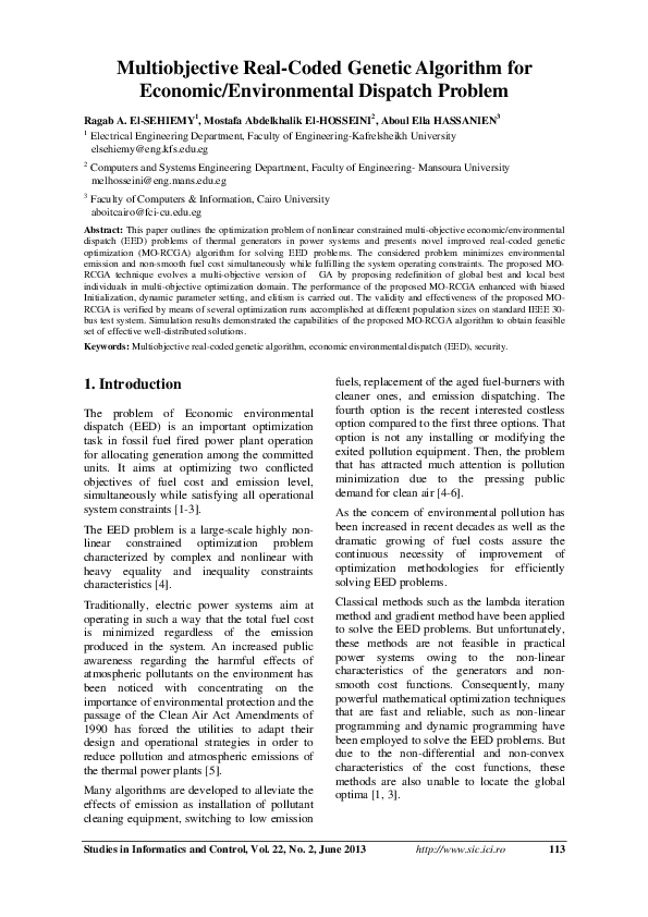 (PDF) Multiobjective Real-Coded Genetic Algorithm for Economic/Environmental Dispatch Problem