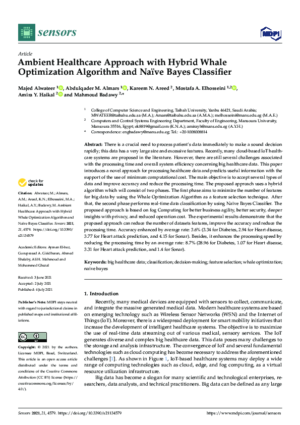 Pdf Ambient Healthcare Approach With Hybrid Whale Optimization Algorithm And Naïve Bayes