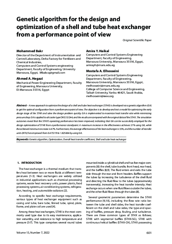 (PDF) Genetic algorithm for the design and optimization of a shell and tube heat exchanger from ...