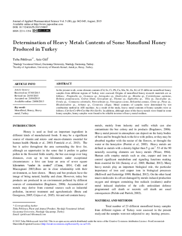 (PDF) Determination of Heavy Metals Contents of Some Monofloral Honey ...