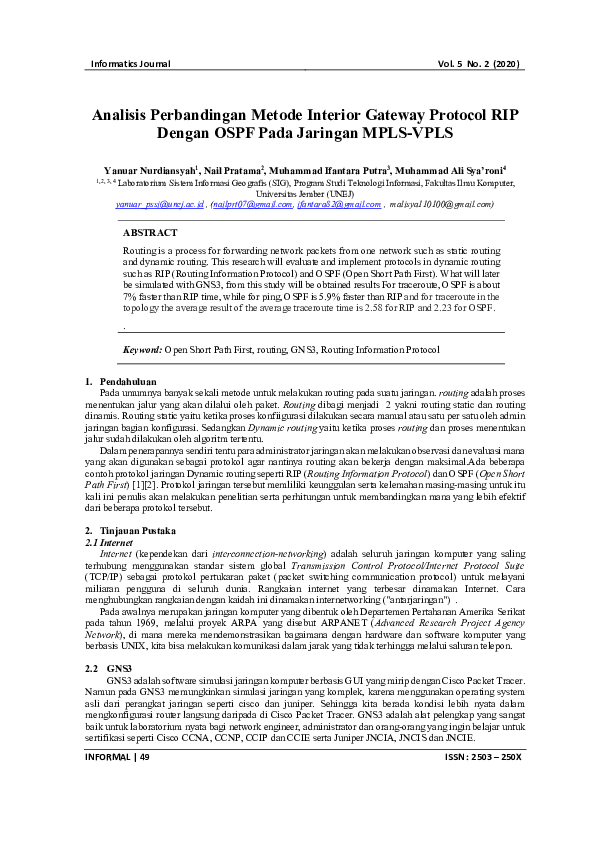 Pdf Analisis Perbandingan Metode Interior Gateway Protocol Rip Dengan Ospf Pada Jaringan Mpls
