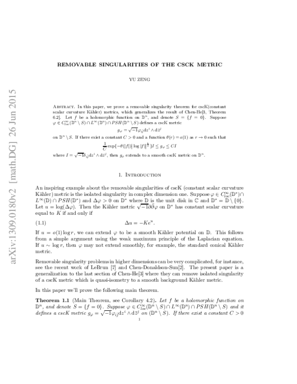 Pdf Removable Singularities Of The Csck Metric
