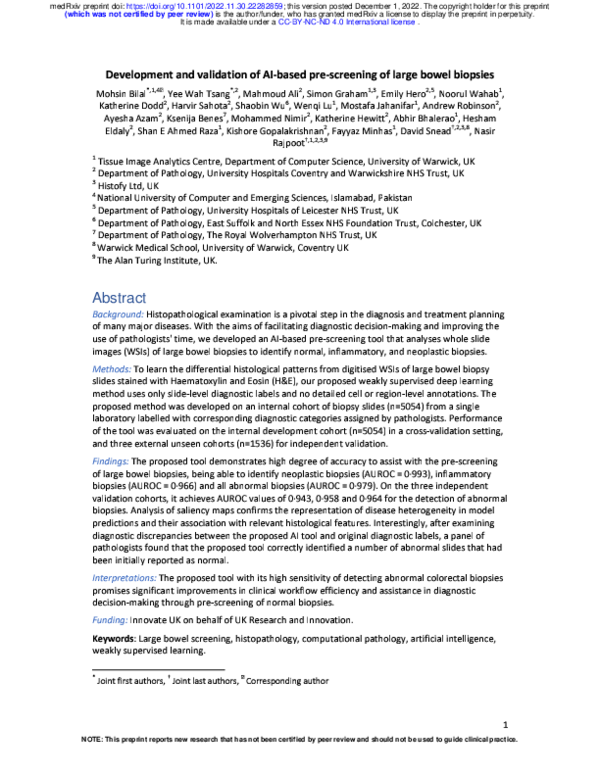 (PDF) Development and validation of AI-based pre-screening of large bowel biopsies