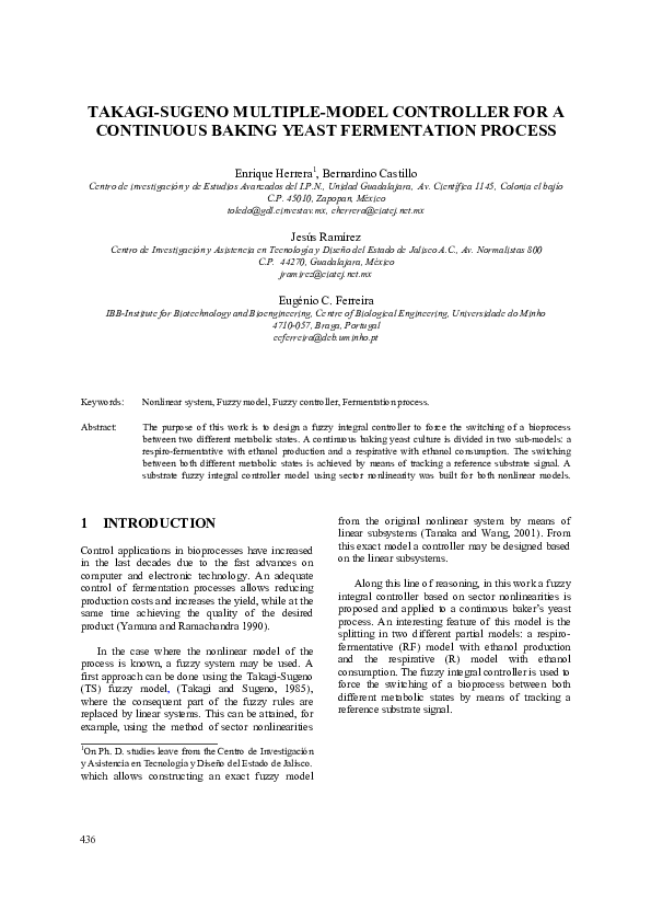 (PDF) Takagi-Sugeno Multiple-Model Controller for a Continuous Baking Yeast Fermentation Process ...