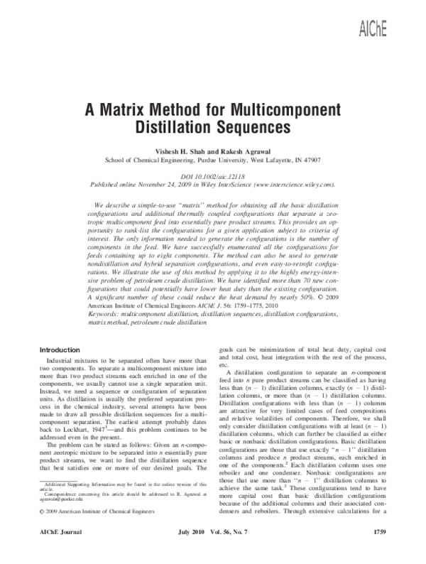 (PDF) A matrix method for multicomponent distillation sequences ...