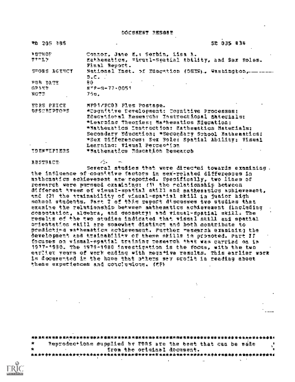 Pdf Mathematics Visual Spatial Ability And Sex Roles Final Report 9751