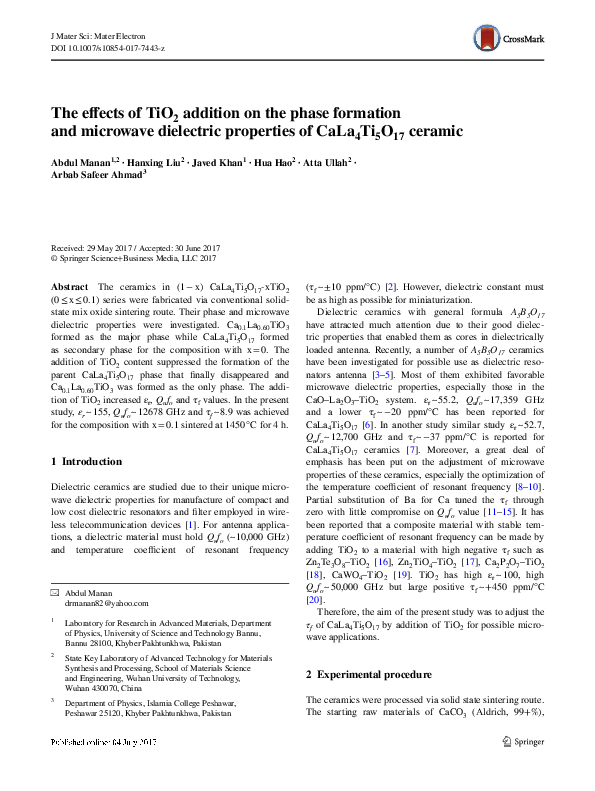 Pdf The Effects Of Tio2 Addition On The Phase Formation And Microwave Dielectric Properties Of
