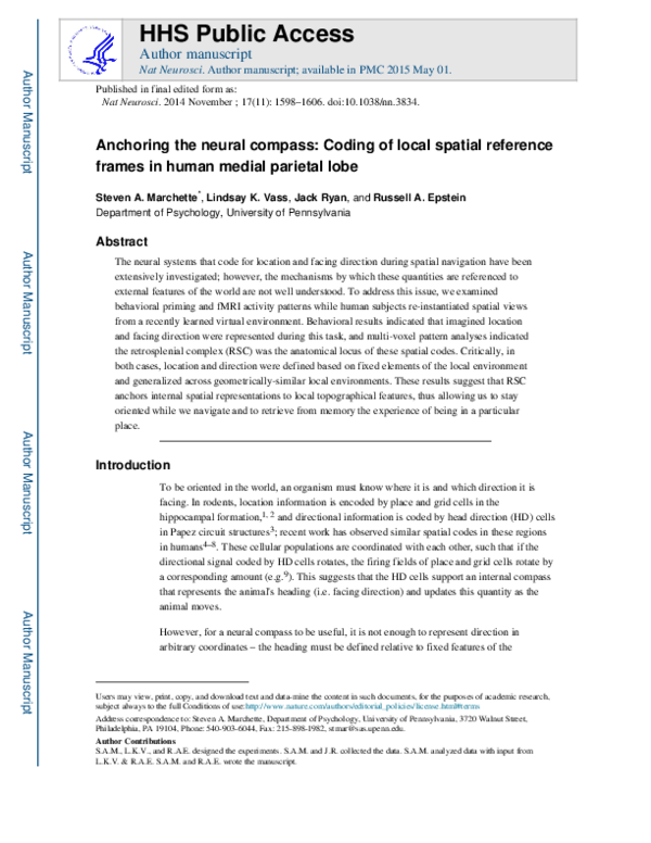 (PDF) Anchoring the neural compass: coding of local spatial reference frames in human medial ...