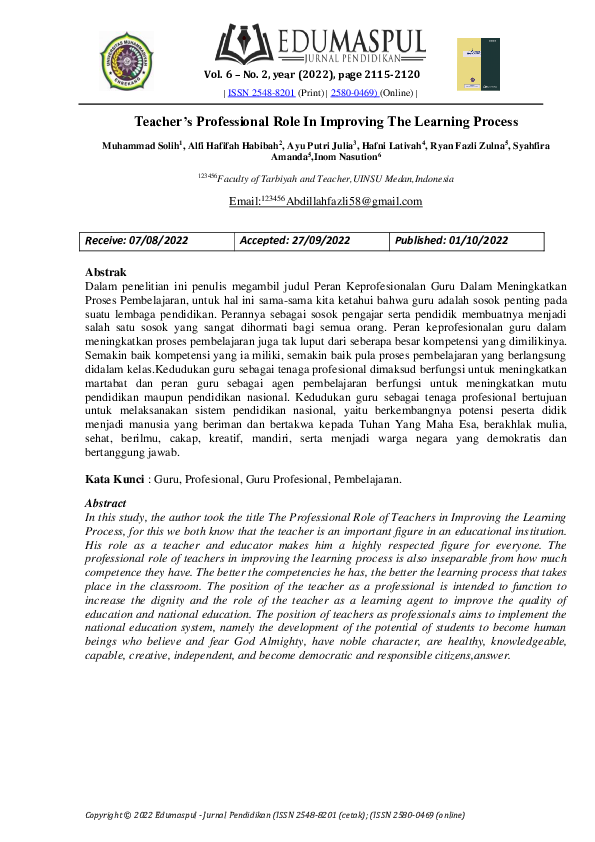 (PDF) Teacher’s Professional Role In Improving The Learning Process