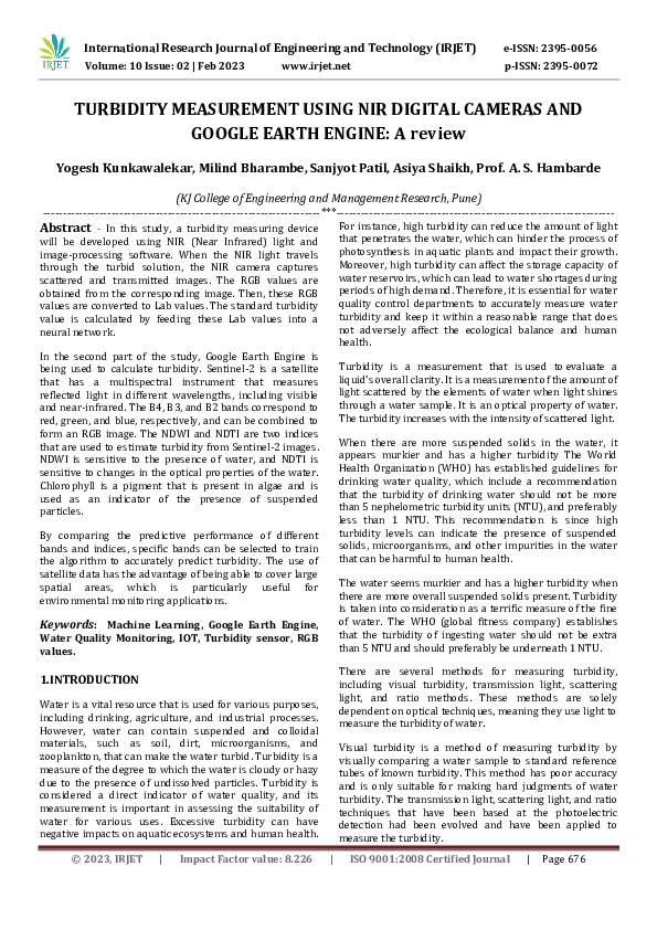 (PDF) TURBIDITY MEASUREMENT USING NIR DIGITAL CAMERAS AND GOOGLE EARTH ENGINE: A review