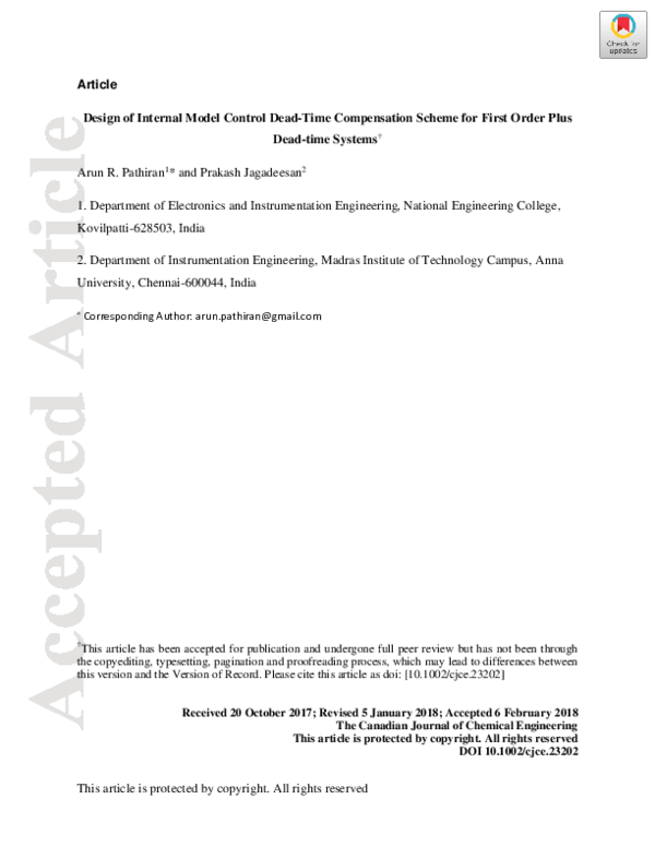 Pdf Design Of Internal Model Control Dead Time Compensation Scheme For First Order Plus Dead
