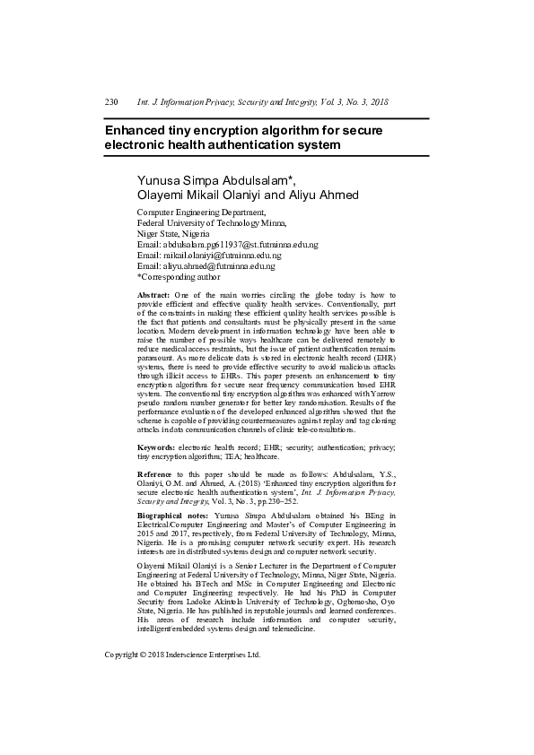 (PDF) Enhanced tiny encryption algorithm for secure electronic health authentication system
