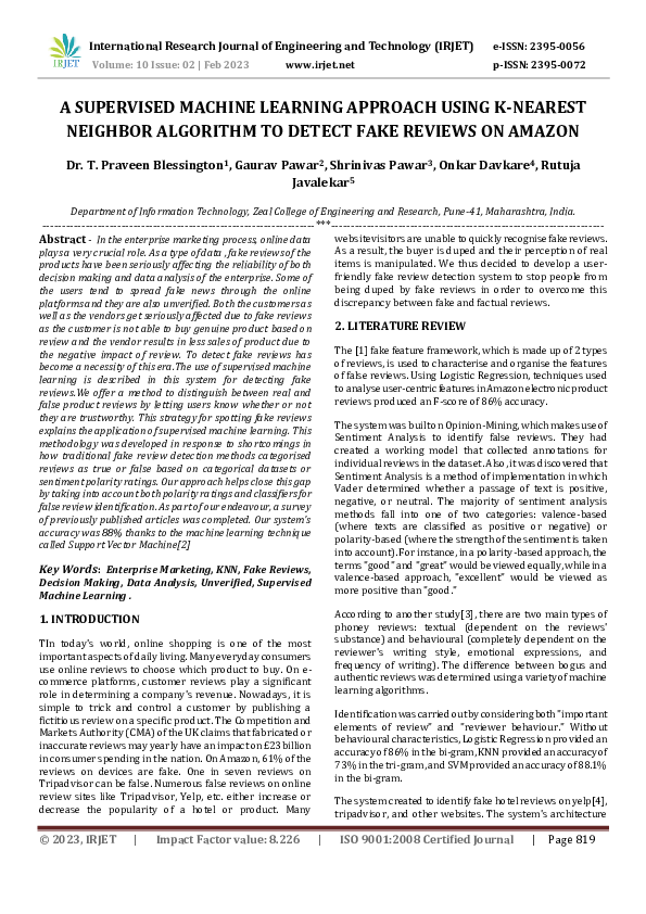 Pdf A Supervised Machine Learning Approach Using K Nearest Neighbor Algorithm To Detect Fake