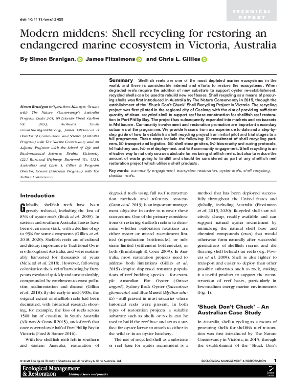(PDF) Modern middens: Shell recycling for restoring an endangered ...