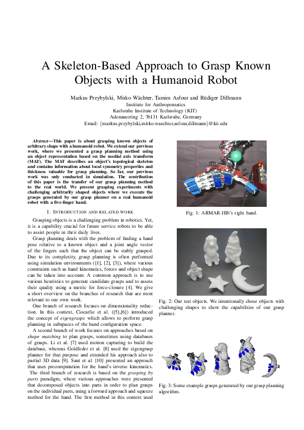 (PDF) A skeleton-based approach to grasp known objects with a humanoid robot | Tamim Asfour ...