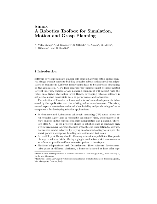 (PDF) Simox: A Robotics Toolbox for Simulation, Motion and Grasp Planning