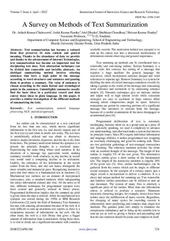 Pdf A Survey On Methods Of Text Summarization