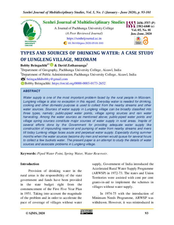 (PDF) Types and Sources of Drinking Water: A Case Study of Lungleng ...