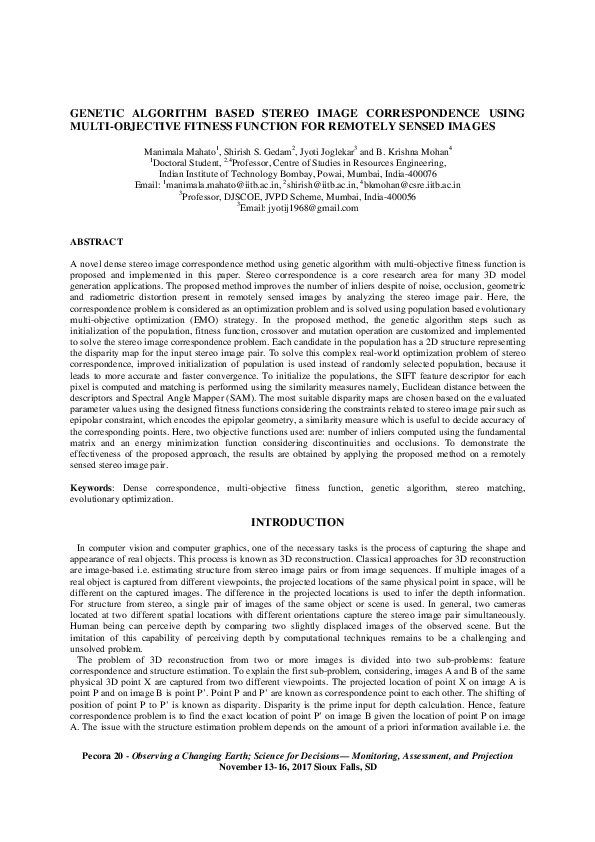 Pdf Based Stereo Image Correspondence Using Multi Objective Fitness Function For Remotely